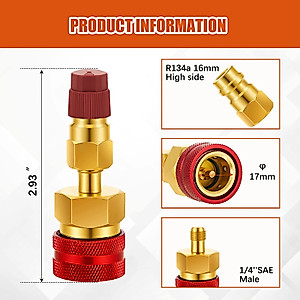 Quick Couplers Kit, R1234YF to R134A Conversion Kit, Blue and Red High Low Side R1234YF Adapters Hose Fitting Connectors for R1234YF Car Air Conditioning System Evacuation Recharging
