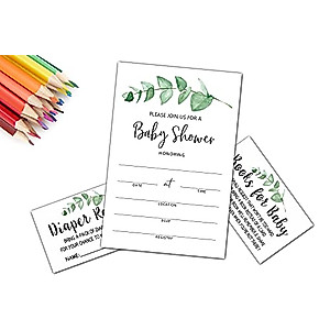 Baby Shower Invitation Kit, Diaper Raffle Games, Books For Baby, Greenery, Eucalyptus Baby Gender Reveal Fill In Invites Cards, Each Design 25 Cards & 25 Envelopes （A Total of 100 set）- BABYSET-017