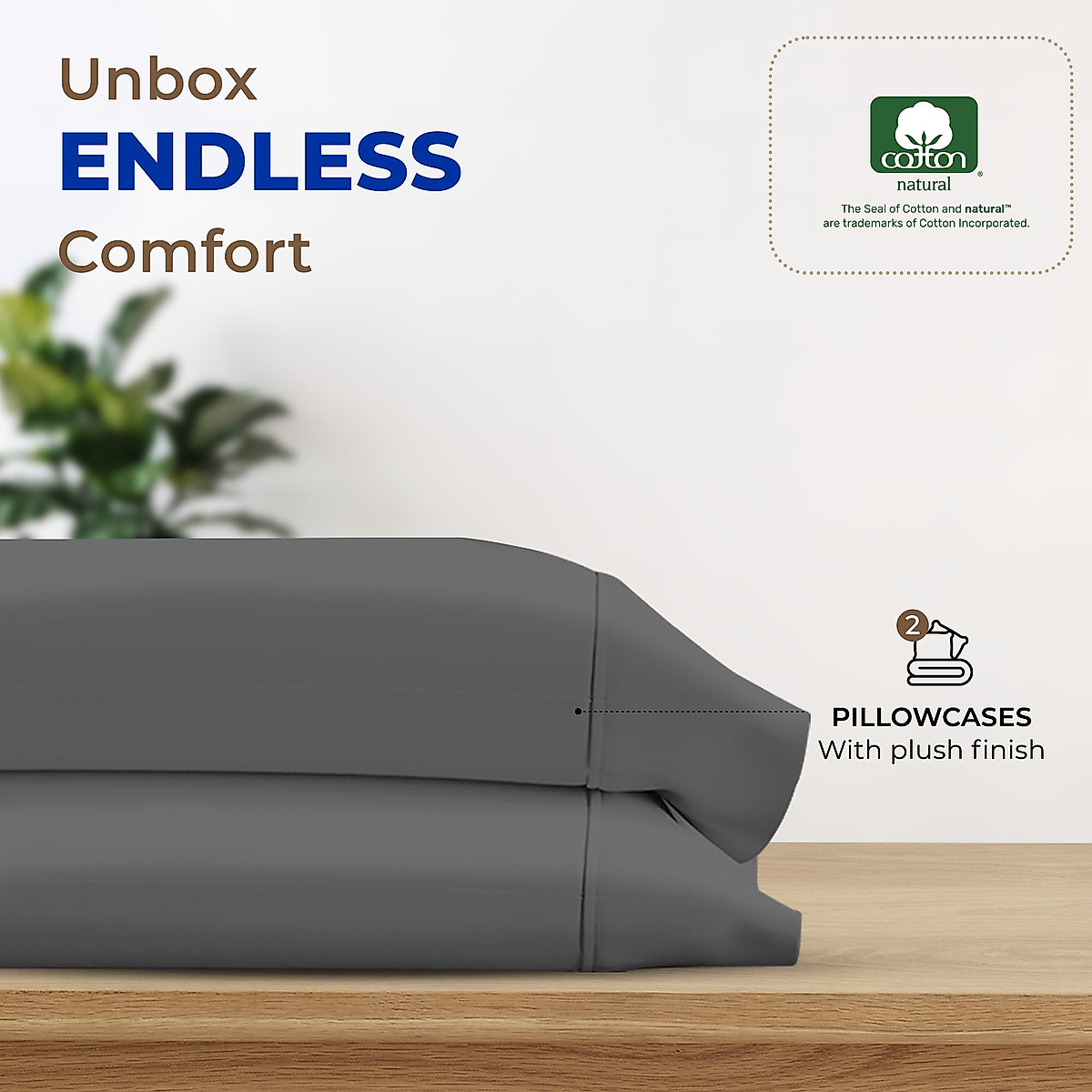 THREAD SPREAD 100% Egyptian Cotton Pillow Cases - 1000 Thread Count Pillow Cases Queen/Standard Size Set of 2, Soft, Breathable Extra Long Staple Sateen Weave Cotton Pillow Cover for Bed - Dark Grey