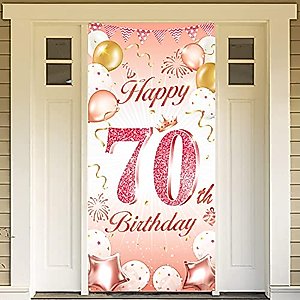DPKOW Rose Gold 70th Birthday Party Decoration for Woman, Rose Gold 70th Birthday Banner for Backdrop Door Decoration,70th Birthday Background Banner for Garden Wall Decoration, 185 x 90cm Fabric