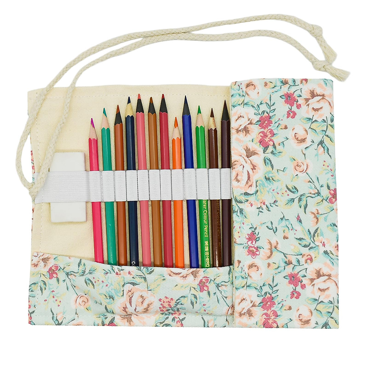 Maydahui 24/48/72 Slots Colored Pencil Roll Wraps Canvas Pencils Roll Holder Pencil Pouch Aesthetic Case Organizer Bag for Art Lovers Artist Drawing(Floral,72 Slots)