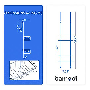 Bamodi Shower Caddy Hanging - 2 Tier Over Door Chrome Plated - No Drilling Required - Fits Shower Screens up to 0.78 inches - Hangable Shower Rack with 2 Towel Hooks (27.5 x 7.5 x 7.3 INCHES)