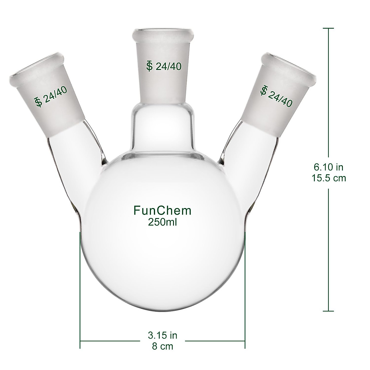 FunChem Three Necks Round Bottom Flask RBF, Glass 3-Neck Boiling Flask with 24/40 Standard Taper Outer Joint, 250 ml