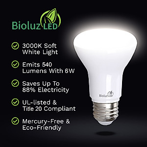 Bioluz LED 2 Pack R20 LED Bulb 90 CRI 3000K Bright Soft White 6W = 50 Watt Replacement 540 Lumen Indoor/Outdoor UL Listed CEC Title 20 Compliant (Pack of 2)