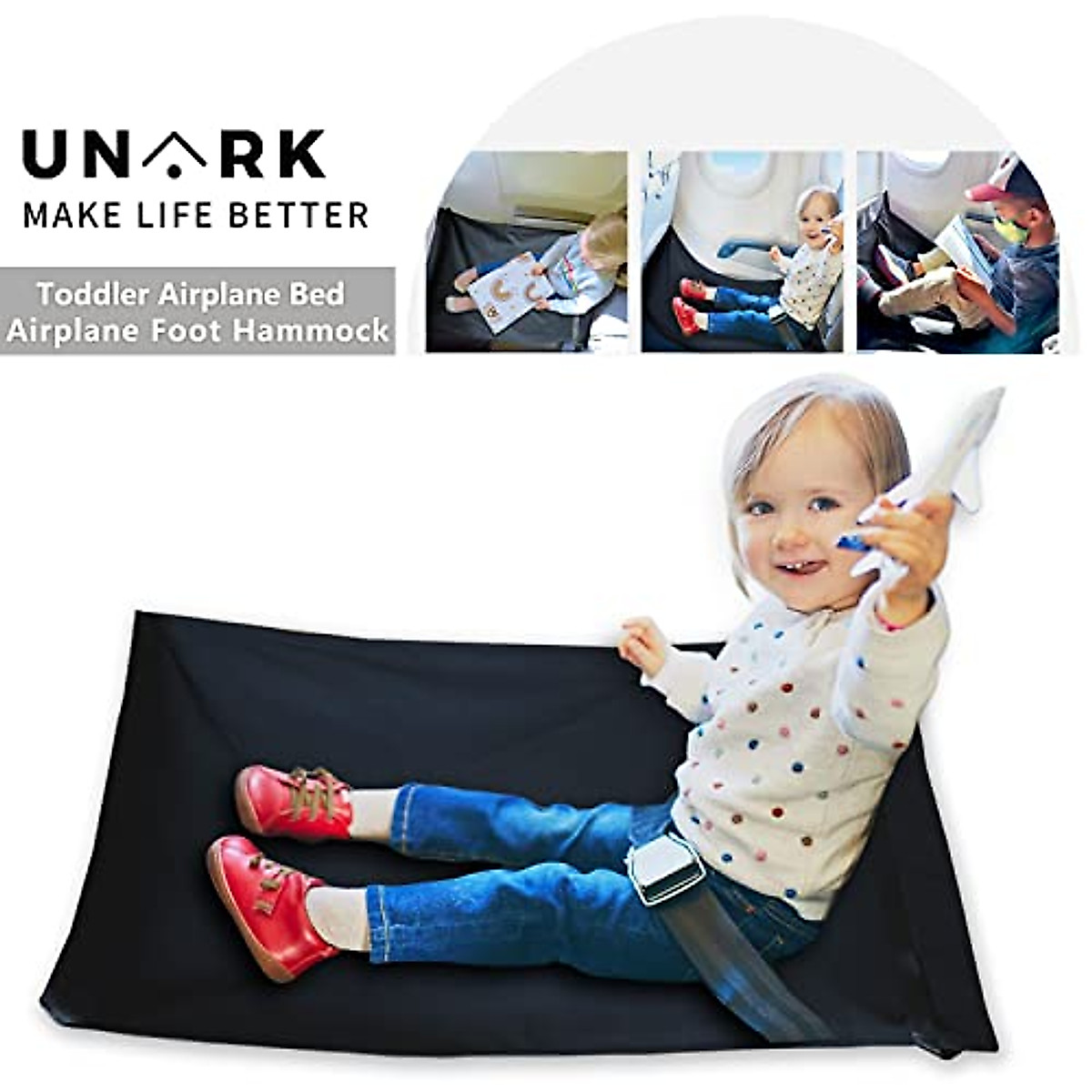 UNARK Airplane Footrest,Travel Toddler Bed,Portable Toddler Bed for Travel,Travel Foot Rest for Airplane Flights,Toddler Airplane Bed,Airplane Seat Extender for Kids(Black)