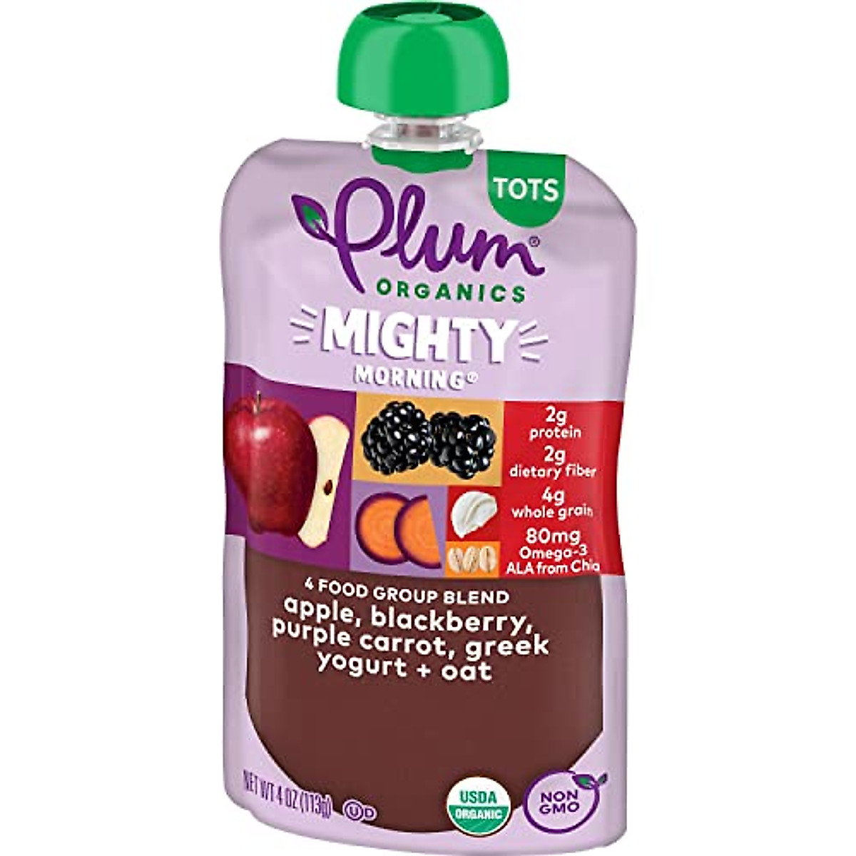 Plum Organics Baby Food Pouch | Mighty 4 Blends | Apple, Blackberry, Purple Carrot, Greek Yogurt & Oat | 4 Ounce | 12 Pack | Organic Food Squeeze for Babies, Kids, Toddlers