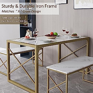 VECELO Kitchen Table with 2 Benches for 6,Wood Dining Room Dinette Sets with Metal Frame for Breakfast Nook and Small Space, 55", White&Gold