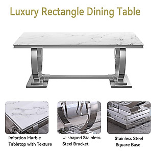 70'' Marble Dining Room Table for 6 or 8, Modern Marble Dining Table w/Silver Stainless Steel U-Base Rectangular Kitchen Table for 8, Large White Dining Table for Home Kitchen Dining Room