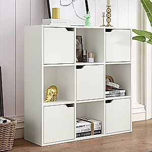 OSCHF 9-Cube Storage Shelf Bookcase - Wooden 3-Tier Floor Standing Open Bookshelf with Doors for Home and Office, Display Cabinet, Warm White