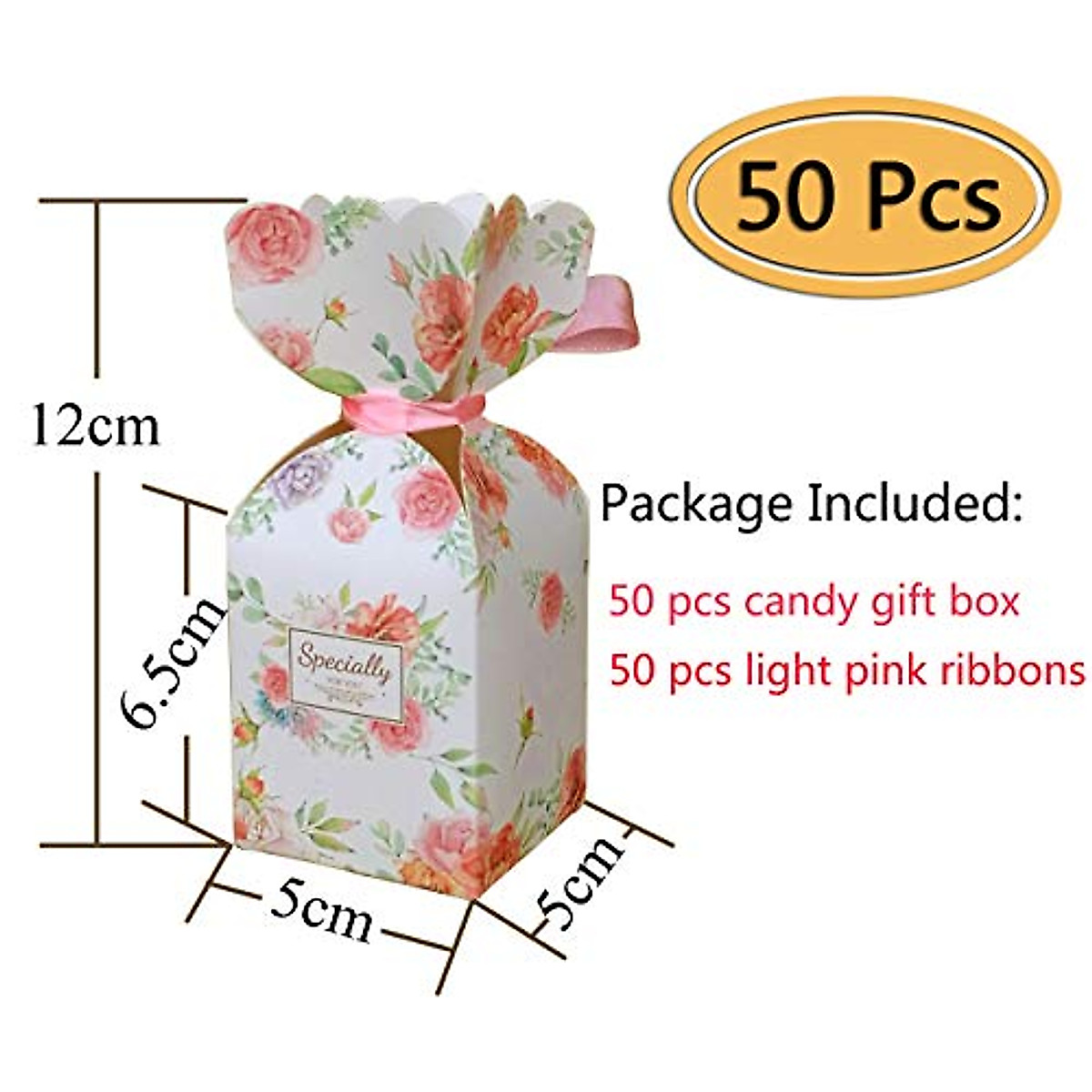 Lontenrea 50 Pcs Floral Pattern Candy Boxes Wedding Birthday Party Favor Gift Box with 50pcs Light Pink Ribbon