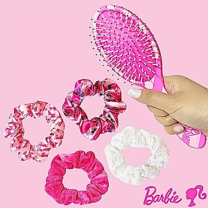 Barbie Hair Accessory 5 Pcs Set - 1 Regular 9 inch Hair Brush For Girls + 4 Scrunchies For Kids - Babrie Hair Accessories For Girls Detangling Brush Elastic Hair Ties Ropes Scrunchies Ages 3+