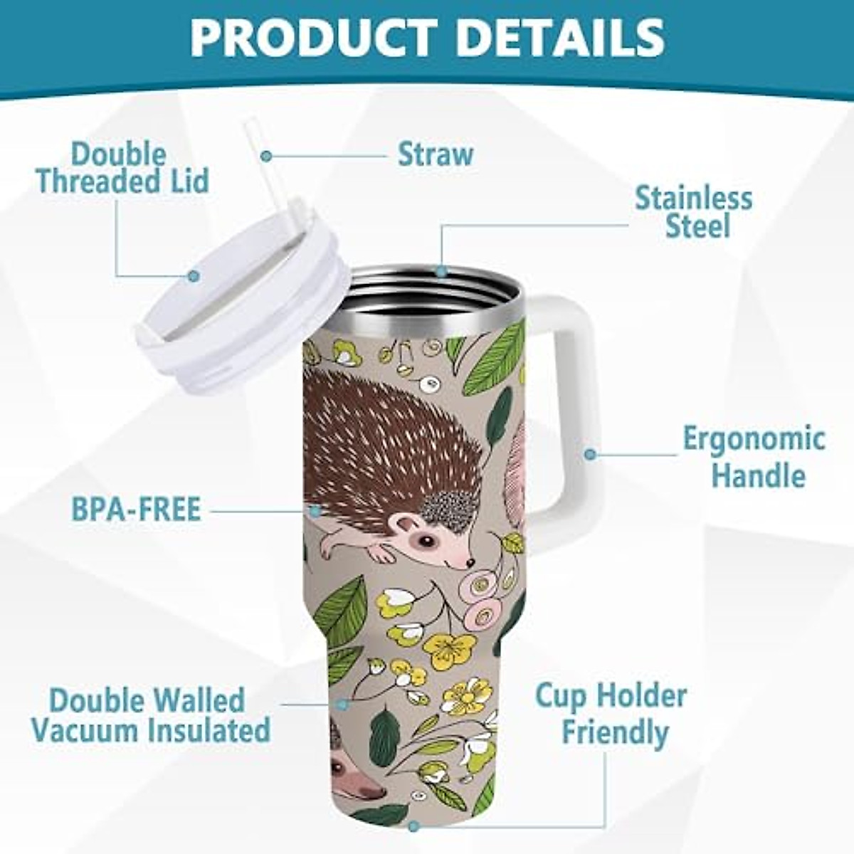 RPLIFE Adorable Hedgehogs Vintage Tan Coffee Tumbler, Stainless Steel Mug, Insulated Tumbler, Tumblers for Women