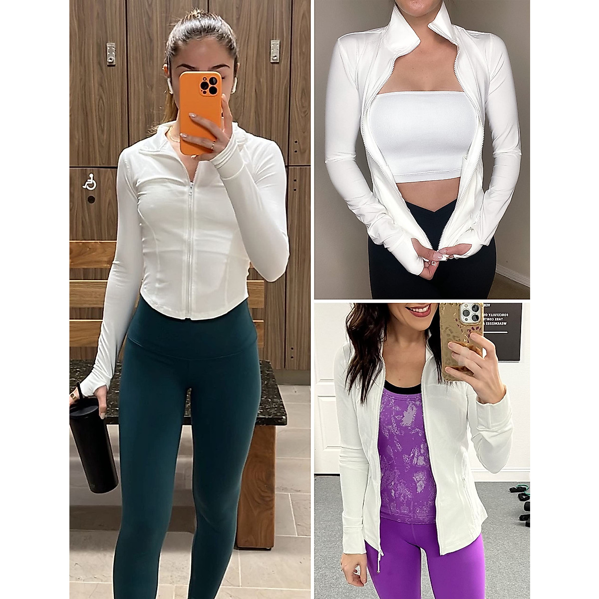 Hvewarm Women's Cropped Athletic Bbl Jacket Seamless High Low Hem Zipper Thumbhole Workout Sportwear(AWhite-M)