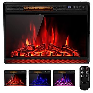 COSTWAY Electric Fireplace Insert 28-Inch Wide, 900/1350W Recessed and Freestanding Heater with Remote Control, 3 Flame Colors, 4 Brightness, Adjustable Temperature, Electric Fireplace for Indoor Use