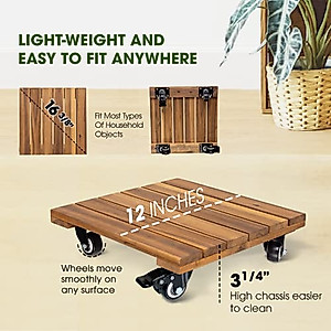 Idzo Square Wood Plant Caddy With Wheels, Set of 2 Acacia Hardwood Plant Dolly - Plant Stand with 360° Lockable Wheels - Natural Wood, Golden Teak 12 x 12 x 3.2 Inch