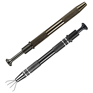 Grevosea 2 Pack Piercing Ball Grabber Tool, Stainless Steel Jeweler's Pick Up Tool with 4 Prongs Holder Diamond Claw Tweezers for Tiny Objects Ic Chips Electronic Components (Black+Brown)