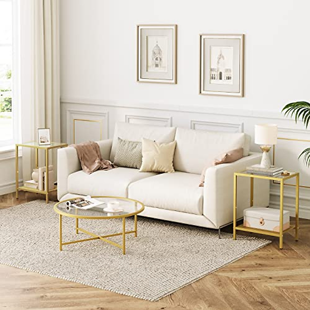MAHANCRIS End Table, 2-Tier Beside Table with Mesh Shelf, Sofa Side Table with Tempered Glass Top, TV Tray Table for Small Space, Snack Side Table, Nightstand for Bedroom, Living Room, Gold ETJ24B01