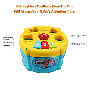 Rhybor Shape Sorter Musical Toys, Baby Music Sort and Discover Drum for Toddlers 1-3, Learning Educational Montessori Toys with 4 Shapes 8 Sorting Cube