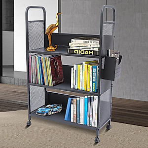 DDBESSIC Rolling Book Cart, 3 Tier Book Rack Storage Bookshelf with 3 Flat Shelves, Movable Bookcase with Wheels Utility Organizer Cart Side Literature Rack