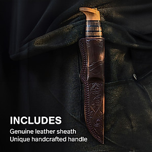 Helle Knives - Sigmund - Triple Laminated Stainless Steel Fixed Blade - Beech, Darkened Oak, & Leather Handle - Leather Sheath - Field Knife for Camping, Fishing, Hunting, Men & Women - Made in Norway
