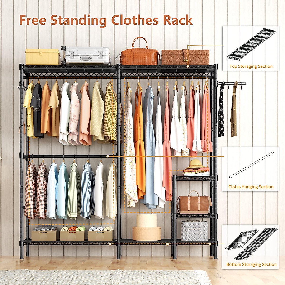 Heavy Duty Clothes Rack Clothing Rack for Hanging Clothes,Large Metal Garment Rack with 4 Tiers Adjustable Wire Shelves&3 Hanger Rods&2 Hooks,Freestanding Closet Wardrobe System,MaxLoad 800lbs