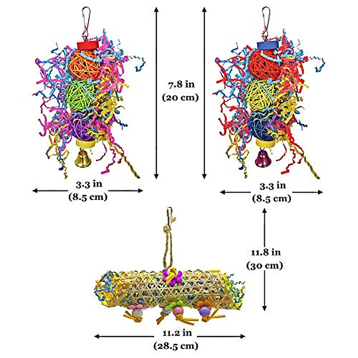 Meric Parrot Toys, Chewing Hanging Kabobs and Shredder Burrito Toys, Bright Colorful Irresistible Foraging Fest, Unleash The Amazing Amazon in Your Parrot, Conure, Cockatiel, African Grey, 3 pcs/Pack