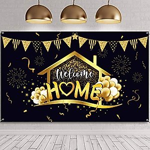 Welcome Home Backdrop Homecoming Party Decorations Supplies Welcome Back Home Banner Return Home Photography Background for Family Party Home Decoration Photo Booth Black Gold, 70.8 x 43.3 Inch