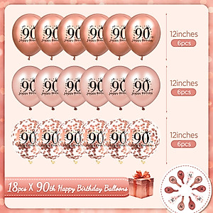 RUMIA 18pcs Rose Gold 90th Birthday Balloons, Latex Balloons with Confetti Design, Party Decorations for Women Men 90th Birthday Anniversary Decor Supplies