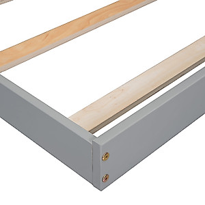 Zyerch Twin House-Shaped Headboard Floor Bed with Handrails,Wooden Bed Frame with Slat for Kids, Teens, Boys Or Girls,Grey