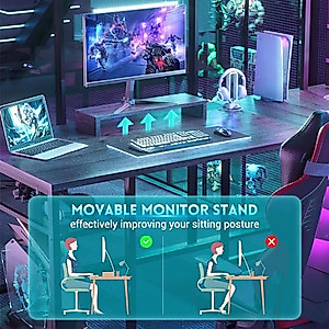 Besiost L Shaped Gaming Desk with Power Outlets, 59" Reversible L Shaped LED Computer Desk with Monitor Stand & Storage Shelf, Corner Gamer Desk Home Office Desk with Storage Bag, Black Oak