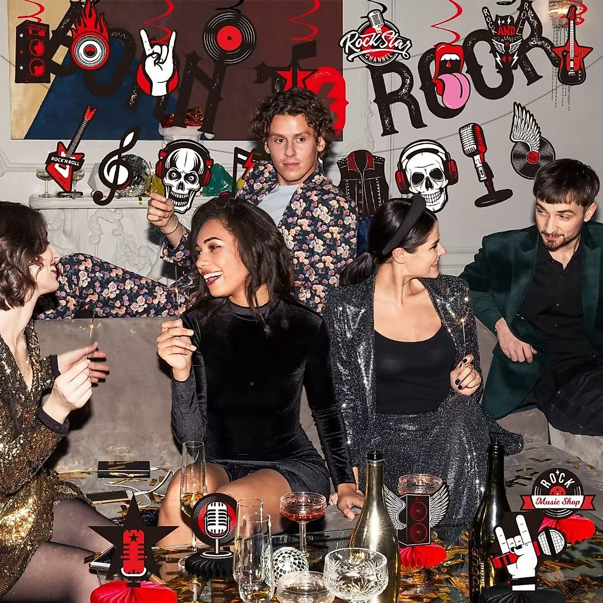 LARRAZABAL 25PCS Rock and Roll Party Decorations Include Born to Rock Glitter Banner, Rock and Roll Hanging Swirls and Honeycomb Centerpieces for Birthday Baby Shower Party Supplies