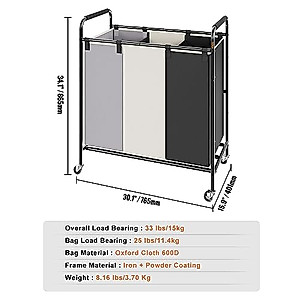 VEVOR 3-Sections Laundry Basket, Heavy Duty Laundry Hamper Storage Organizer, Laundry Sorter Cart with Heavy Duty Lockable Wheels for Dirty Clothes in Laundry Room Bedroom