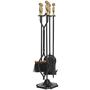 AMAGABELI GARDEN & HOME Fireplace Tools Set 5 Pc Lrg Gold Handle Wrought Iron Fire Set with Stand Holder Fireset Fire Pit Indoor Outdoor Tongs Shovel Antique Brush Poker Wood Stove Hearth Accessories