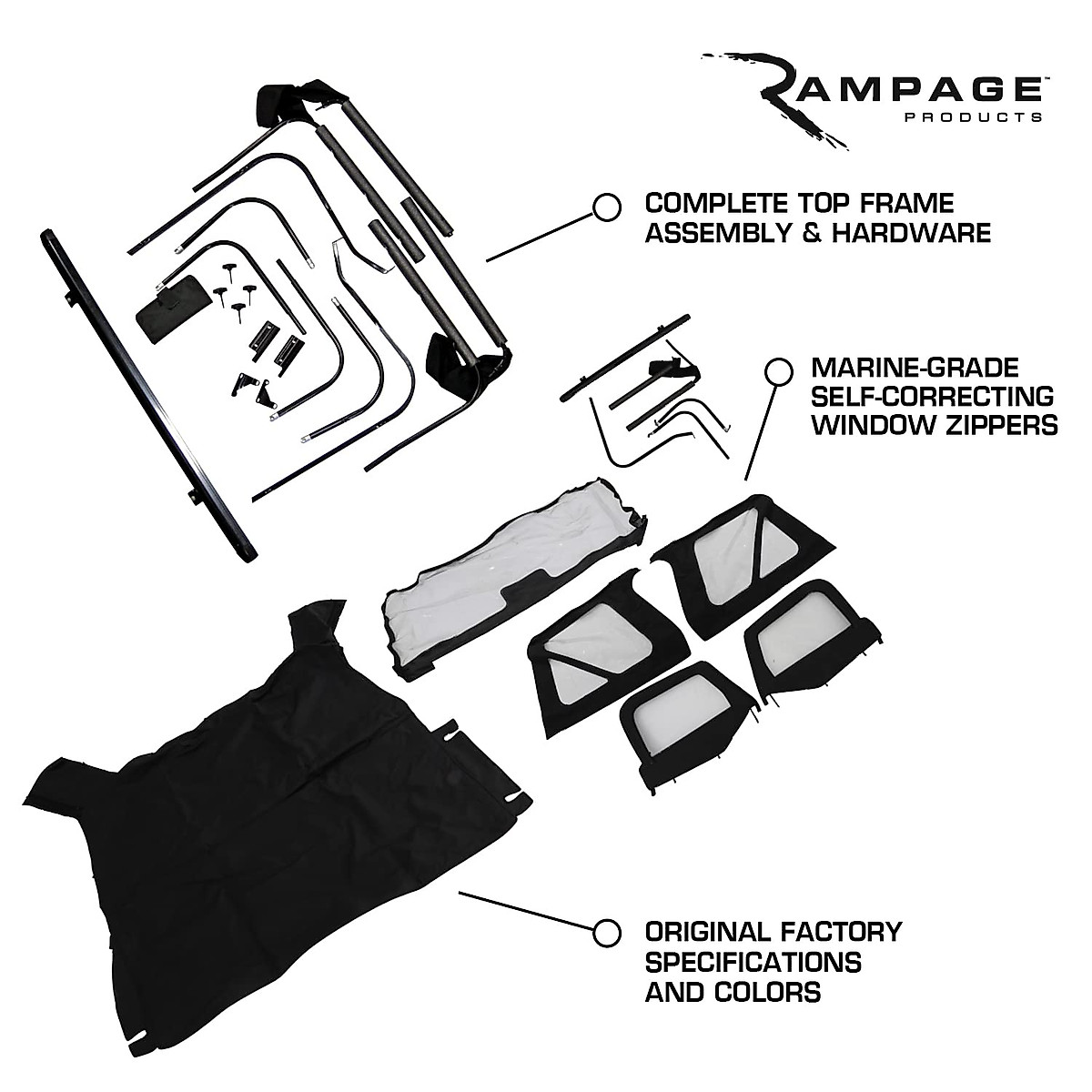 Rampage Complete Soft Top | Vinyl, White with Tinted Windows, includes Frame & Hardware | 98402 | Fits 1966 - 1977 Ford Bronco