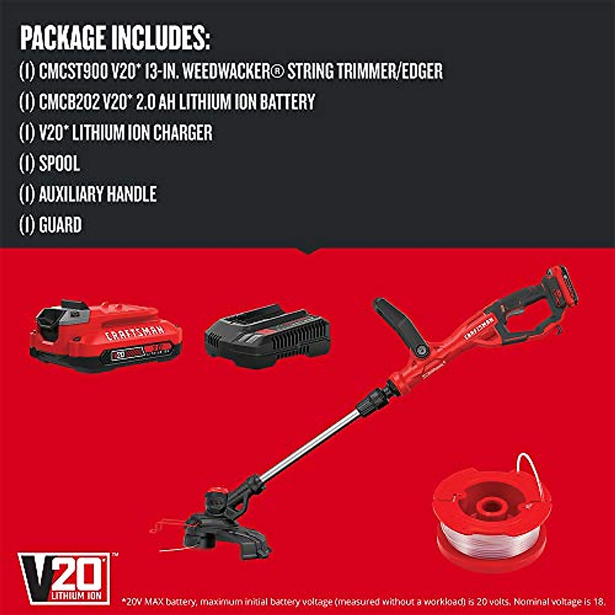 CRAFTSMAN V20 WEEDWACKER Cordless String Trimmer, 13”, Adjustable Pole Length, 2-Speed Control, Spool Included (CMCST900D1)