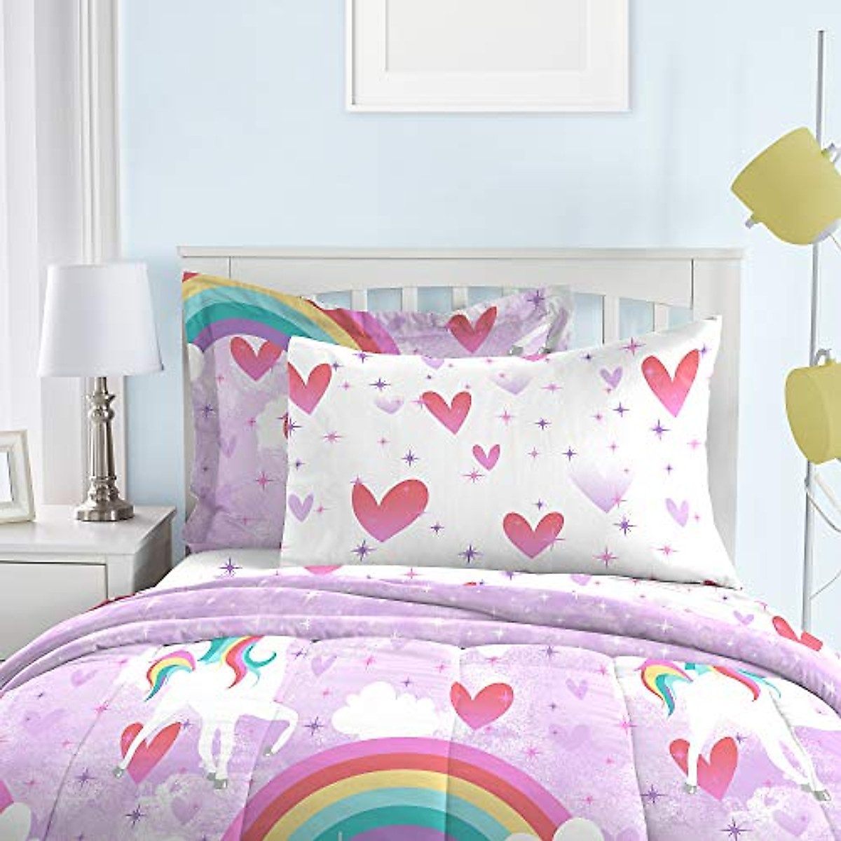 dream FACTORY Kids 5-Piece Complete Set Easy-Wash Super Soft Microfiber Comforter Bedding, Twin, Purple Unicorn Rainbow