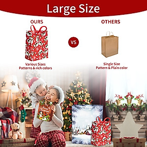 Novnsoi 24 PCS Gift Bags for Wrapping Holiday Gifts, Recyclable Festival Bags with Snowman, Reindeer, Christmas Bell/Tree, Snowflake, Gin Design - Bulk Set,6 X-L,6 Large,6 Medium,6 Small