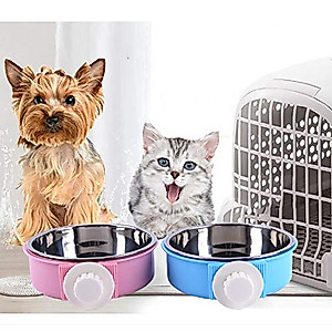 RUBYHOME Dog Bowl Feeder Pet Puppy Food Water Bowl, 2-in-1 Plastic Bowl & Stainless Steel Bowl, Removable Hanging Cat Rabbit Bird Food Basin Dish Perfect for Crates & Cages, Blue