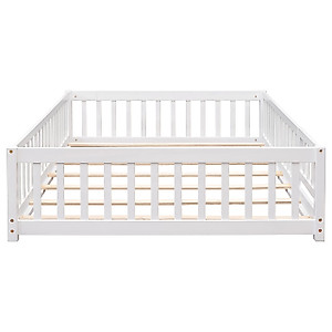 UOCFYK Full Size Floor Bed with Fence and Door for Kids Bedroom,Montessori Wood Floor Bedframe for Boys, Girls,Easy to Assemble,No Box Spring Needed,White