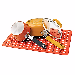 mDesign Decorative Kitchen Plastic Sink Protector Set - Protect Surfaces and Dishes - Quick Draining, Modern Slotted Design - Includes 1 Saddle, 2 Large Mats - Set of 3 - Red