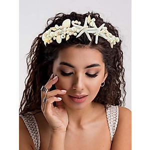 Unicra Silver Starfish Headband Silver Pearl Bridal Hair Band Sea Shell Hair Hoop Beach Wedding Hair Accessories for Women and Girls