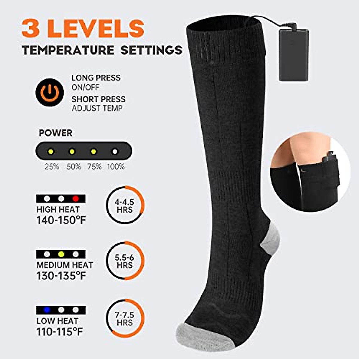 Velazzio Heated Socks for Men Women, Remote Control 4000mAh 3.7V Rechargeable Electric Heated Socks with 3 Heat Settings for Winter Sports (Black, Large)