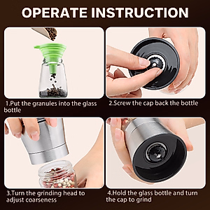 Stainless Steel Salt and Pepper Grinder Set of 2 - Pepper Mill & Salt Mill with Adjustable Coarseness - Glass Spice Shakers - Easy Clean Ceramic Grinders W/Funnel