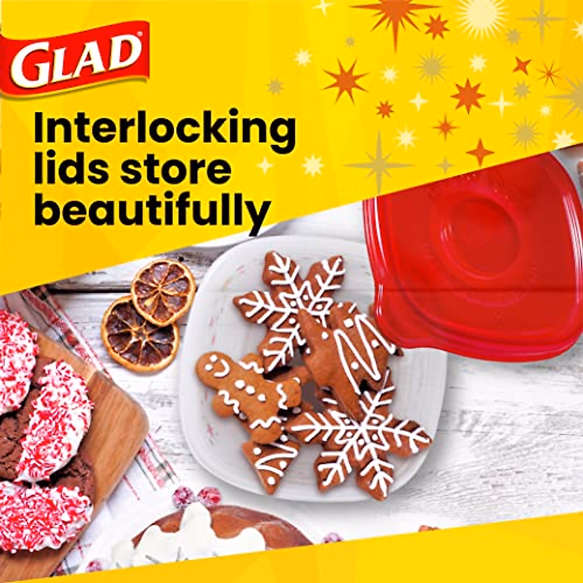 GladWare Medium Entrée Square Holiday Food Storage Containers with Lids | 25 oz Holiday Containers with Red Star Design, 5 Count Set | Airtight Food Storage Containers for Food