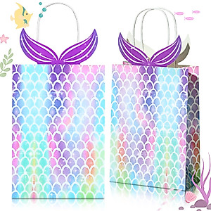Mermaid Gift Bags Mermaid Party Favors Bags Mermaid Goodie Candy Treat Bags Mermaid Party Supplies Mermaid Bags with Handle for Girls Birthday Baby Shower Little Decorations(24 Pieces)