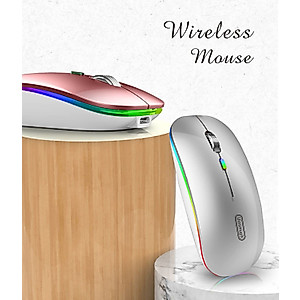 Uiosmuph LED Wireless Mouse, G12 Slim Rechargeable Silent Mouse, 2.4G Portable Optical Computer Mice with USB Receiver and Type C Adapter (Silver)