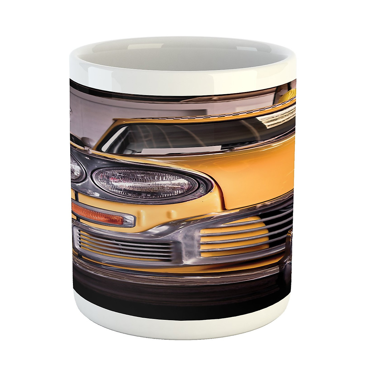 Ambesonne New York Mug, Picture of Antique Yellow Taxi Historic Element of Old NYC Nostalgia Vintage Cab, Printed Ceramic Coffee Mug Water Tea Drinks Cup, Yellow Grey