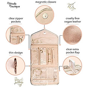 Altitude Boutique Travel Jewelry Organizer Roll Foldable Jewelry Case for Journey Packing Vacation-Rings, Necklaces, Bracelets, Earrings (Rose Gold, Medium)