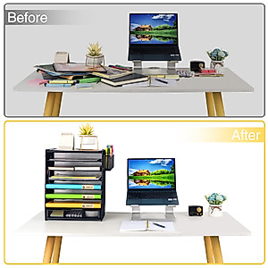 VEESUN Desk Organizer 8-Tier，Paper Organizer Letter Tray With Sliding Drawer And Pen Holder, Desk File Document Organizer Shelf And Sorter, Black For School Home Office