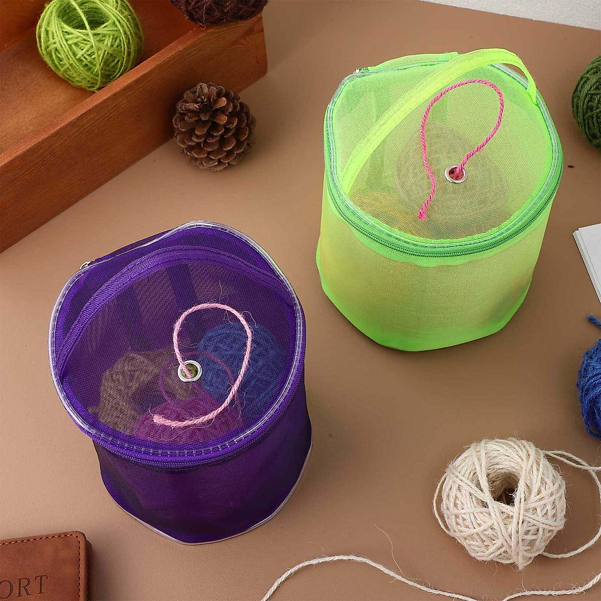 Operitacx 2 Pcs DIY Wool Storage Bag Yarn Bucket Wool Holder Bag Knit Wrist Bag Yarn Storage Tote Knitting Bag Yarn Storage Yarn Bowl Knitting Tote Bag Yarn Basket Grid Crochet Backpack